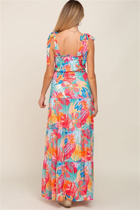 Multi Color Tropical Print Maternity Maxi Dress Pinkblush