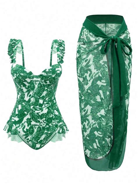 Plus Size Printed Ruffle Hem One Piece Swimsuit With Tie Side Skirt