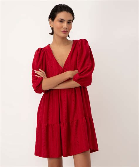 Vestido Curto De Laise Manga Bufante Vermelho 1044709 Vermelho 1 V