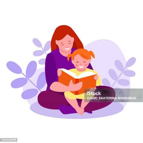 Mère Lit Un Livre À Sa Fille Dans La Nature Plantes Feuilles Le Concept