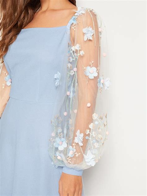 Embroidery Mesh Lantern Sleeve Flare Dress Shein Usa Flare Dress
