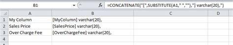 c how can i create a sql table using excel columns