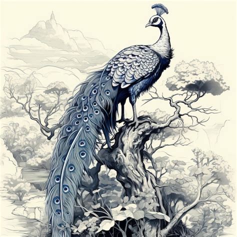 Premium Photo Stunning Black And White Peacock Illustration With