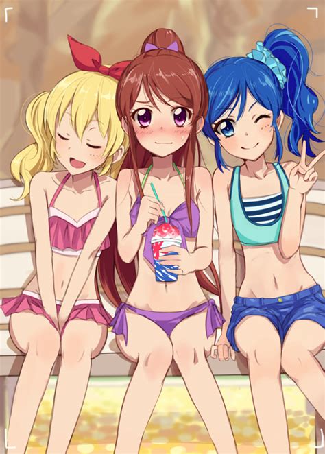 Safebooru 3girls Aikatsu Bench Bikini Blonde Hair Blue Eyes Blue