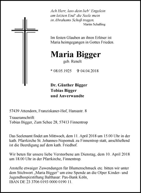 Traueranzeigen Von Maria Bigger Trauer In Nrw De