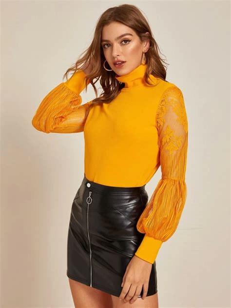 Shein Oberteil Mit Hohem Kragen Spitze Und Laternenärmeln Shein
