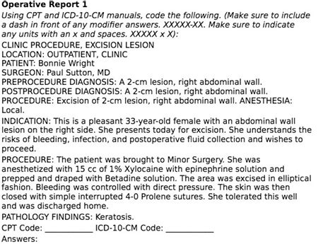 [solved] Operative Report 1 Using Cpt And Icd 10 Cm Manuals Code The
