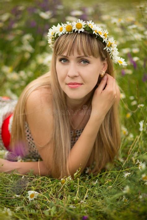 Beautiful Woman Enjoying Daisy Field Nice Female Lying Down In Meadow