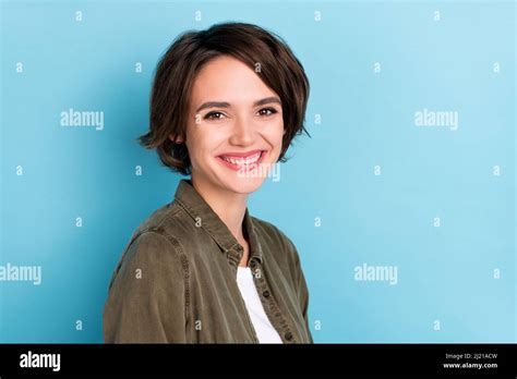 Profile Photo Of Cute Young Bob Hairdo Lady Look Camera Wear Khaki