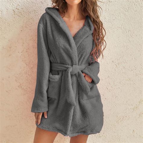 Wgoup Womens Long Robes Plush Fleece Nightgown Thick Winter Robe Hooded