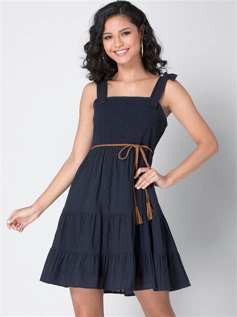 Buy Faballey Women Navy Blue Pure Cotton Solid Tiered Dress Dresses
