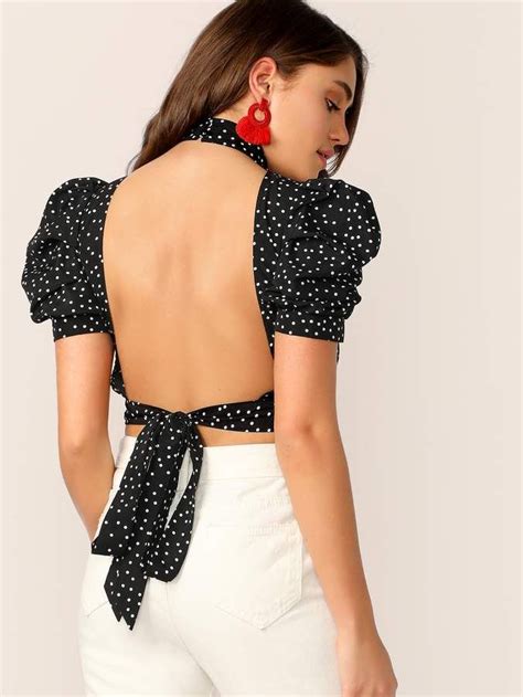 Shein Mock Neck Puff Sleeve Knot Backless Polka Dot Top Puff Sleeve