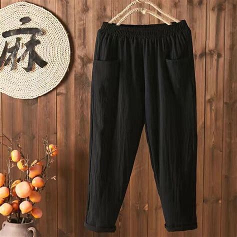 Women Elastic Waist Cotton Linen Harem Pants Ladies Casual Baggy Solid