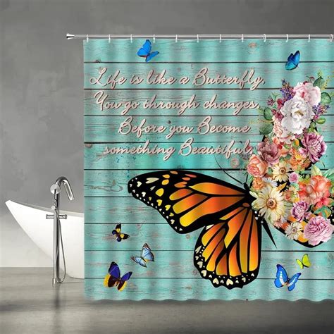 Butterfly Inspirational Quote Shower Curtain Rustic Wooden Door