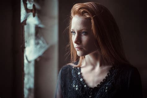 Wallpaper Black Women Redhead Model Looking Away Long Hair Blue