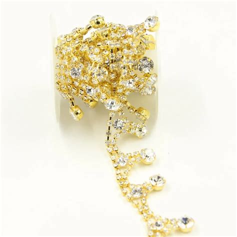 2 Yards Gold Rhinestone Trim Tassel Clear Crystal Strass Brass Metal