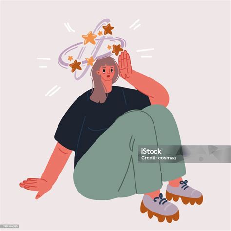 Vector Illustration Of Iron Deficiency Anemia Sad Woman With Dizziness