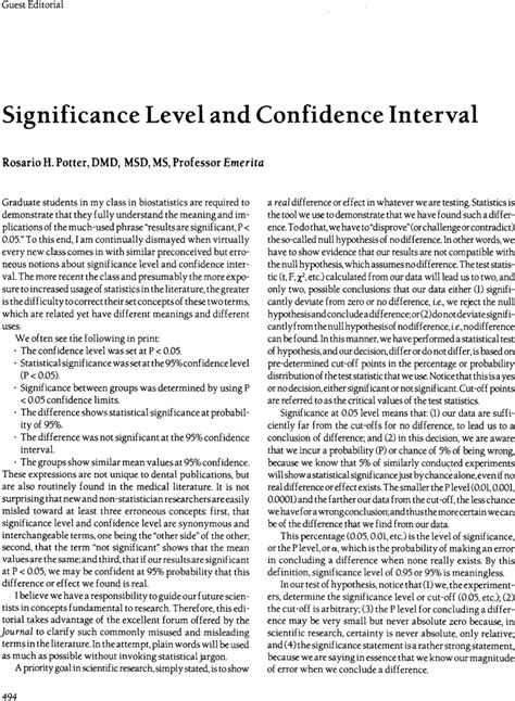 Significance Level And Confidence Interval Rosario H Potter 1994