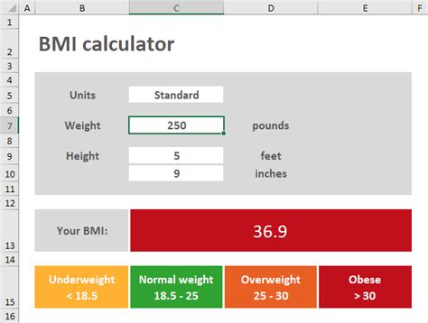 bmi calculator in excel in easy steps