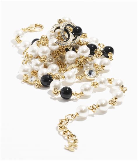 Long Necklace Metal Glass Pearls And Strass Gold Black Pearly White