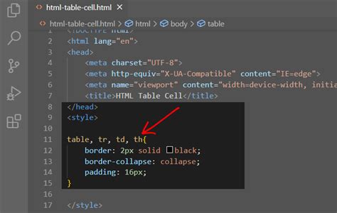 html table cell padding border spacing width height