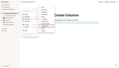 how to make nested columns in notion