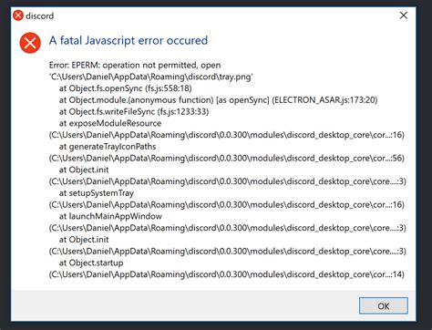 javascript error preventing discord from running or re