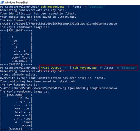 how to overwrite existing ssh key file using ssh keygen and powershell