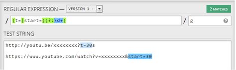 regex how to get start time of youtube url in javascript stack overflow