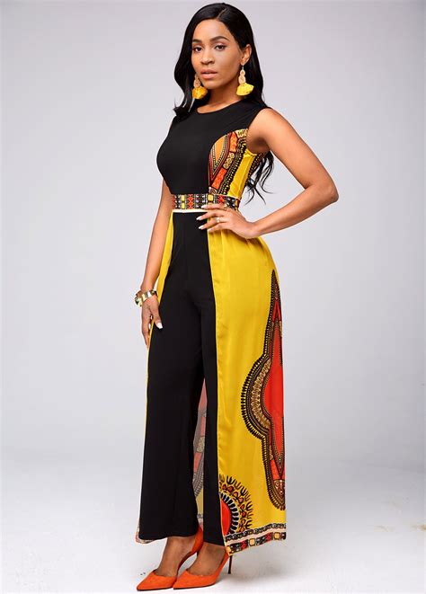 Round Neck Dashiki Print Overlay Jumpsuit Usd 42 99