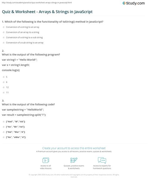 quiz and worksheet arrays and strings in javascript