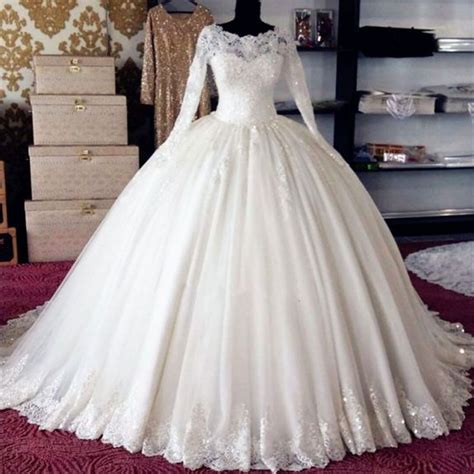 White Tulle Long Sleeves Wedding Ball Gown Puffy Princess Bride Maxi