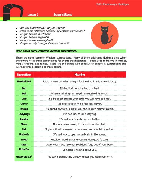 Adult Esl Lessons Superstitions Intermediate Stickyball Esl Lessons