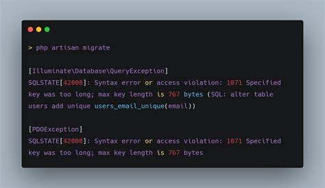 laravel migration error specified key was too long