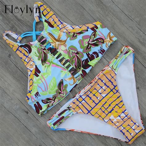Floylyn Vintage Print Sexy Push Up Bikini Swimwear Women Brazilian Cut