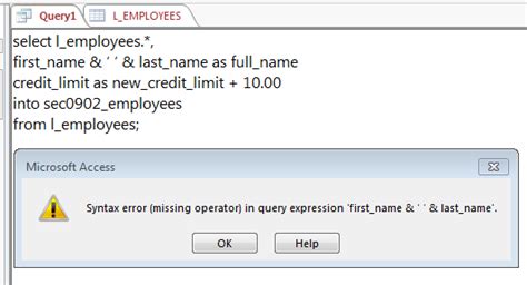 sql syntax error missing operator in query expression stack