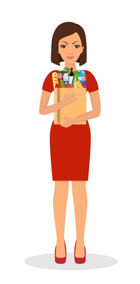 Woman Shopping In Supermarket Woman Hold Grocery Paper Shopping Bag