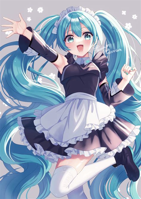Safebooru 1girl Apron Aqua Hair Aqua Nails Arm Up Armpits Bangs Black
