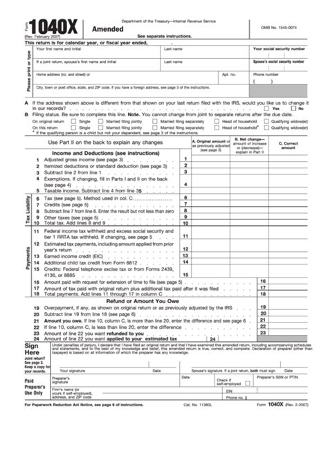 Fillable Form 1040x Printable Forms Free Online