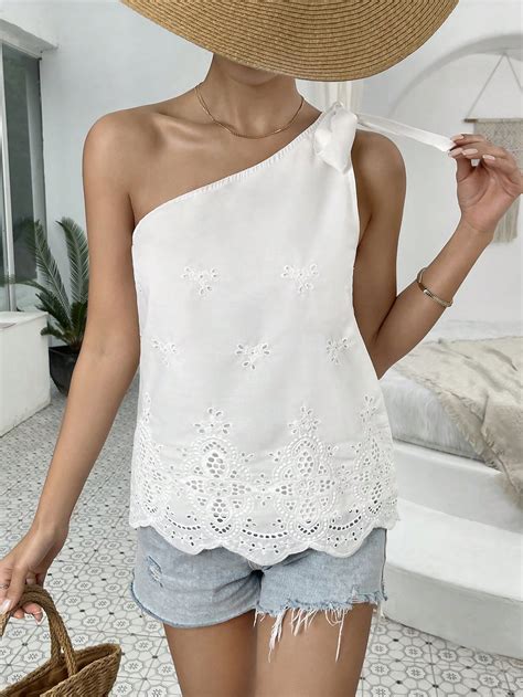 Shein Vcay Knot One Shoulder Eyelet Embroidery Scallop Trim Blouse