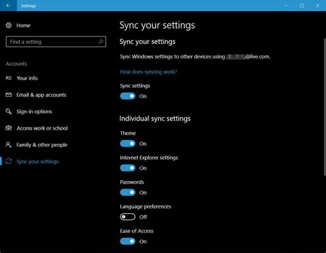 how to sync settings in windows 10