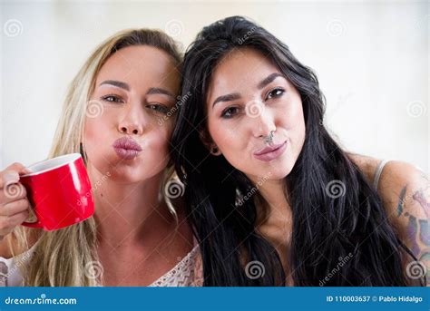 Beautiful Lesbians Lovers At Morning Blonde And Brunette Girls Blonde