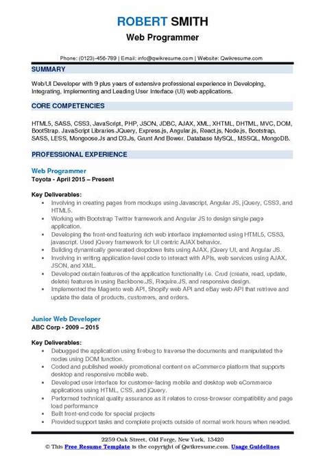 web programmer resume samples qwikresume