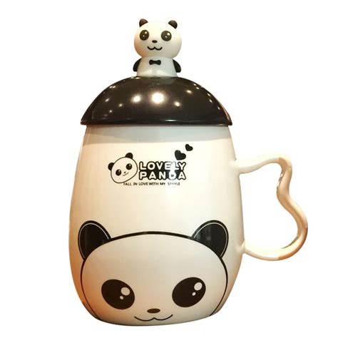 Panda Mugs With Spoon Lid Kawaii Shaker Ceramic Cup Water Bottles