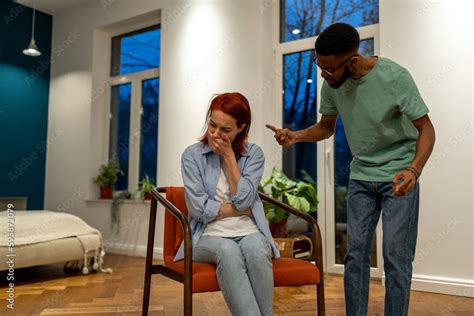 Mad Angry African American Man Husband Blaming Shaming Wife Young