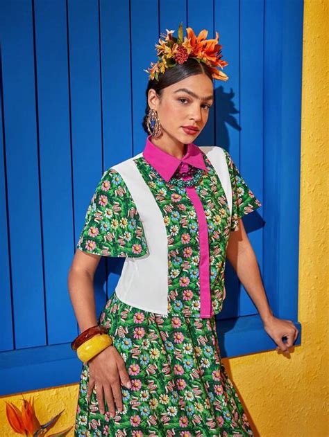 Frida Kahlo X Shein X Designer Floral Print Button Front Shirt Shein Usa