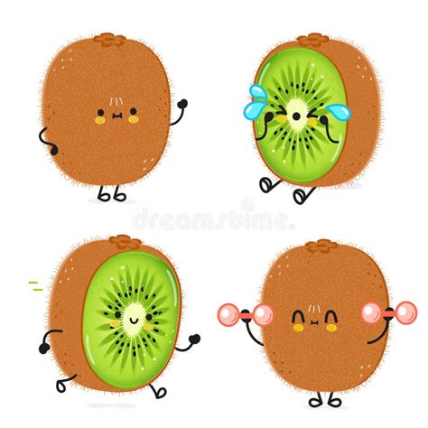 Funny Kiwi Fruit Characters Bundle Set Vector Hand Drawn Doodle Style