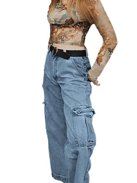 Springttc Women High Waist Baggy Cargo Denim Pants Wide Leg Flap Pocket