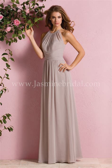 B173057 Long High Halter Neckline Poly Chiffon Bridesmaid Dress