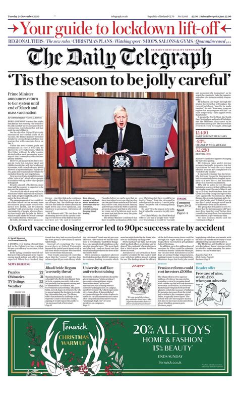 Daily Telegraph Front Page 24th Of November 2020 Tomorrows Papers Today